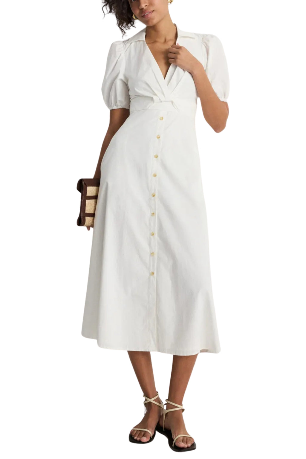 Hutch Laurel White Collared V-Neckline Back Zipper Gathered Cuff Short ...