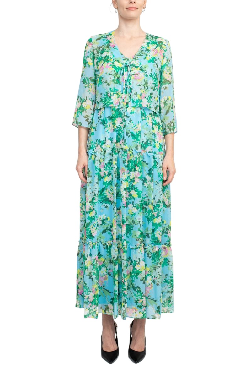 Maison Tara V Neck Back Zipper Sleeveless Floral Midi Dress with ...