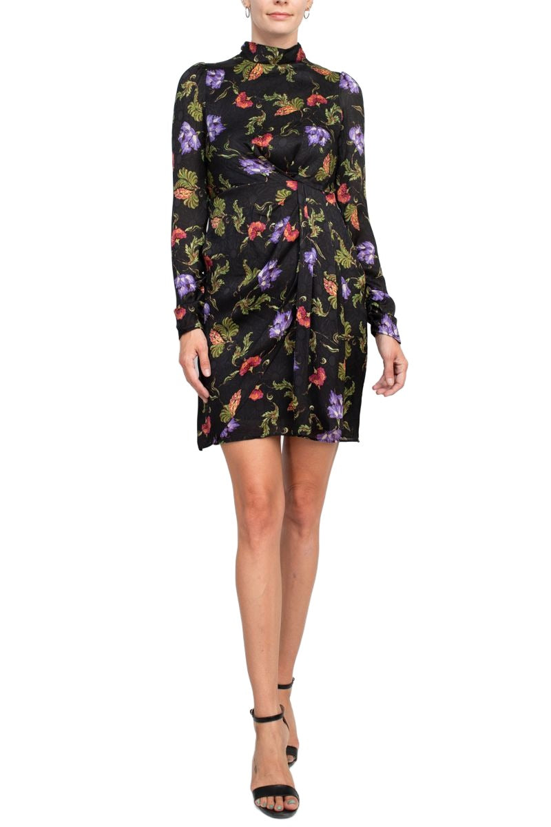 Taylor High Neck Long Sleeve Pleated Side Floral Print Chiffon Crepe D ...