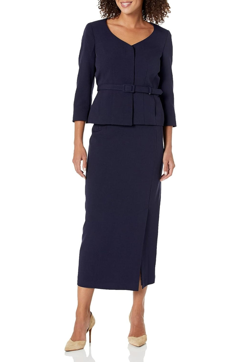 Le Suit Crepe Collarless Belted Jacket and Column Skirt Set – Curated ...