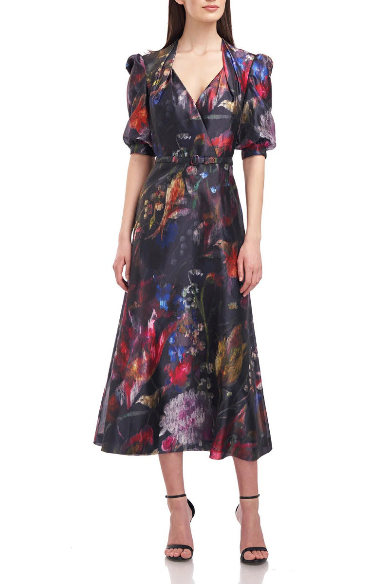 Kay Unger V-Neck Puffed Elbow Sleeve Belted Multi Print with Pockets O ...