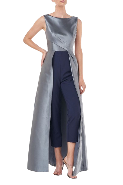 Kay Unger Boat Neck Sleeveless Pleated Zipper Back Walk-Through Twill ...