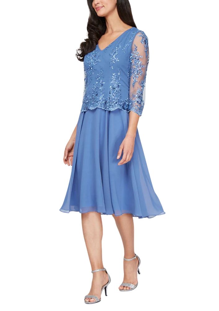 Alex Evenings V-Neckline Sheer Illusion Quarter Sleeves Back Zipper Fl ...