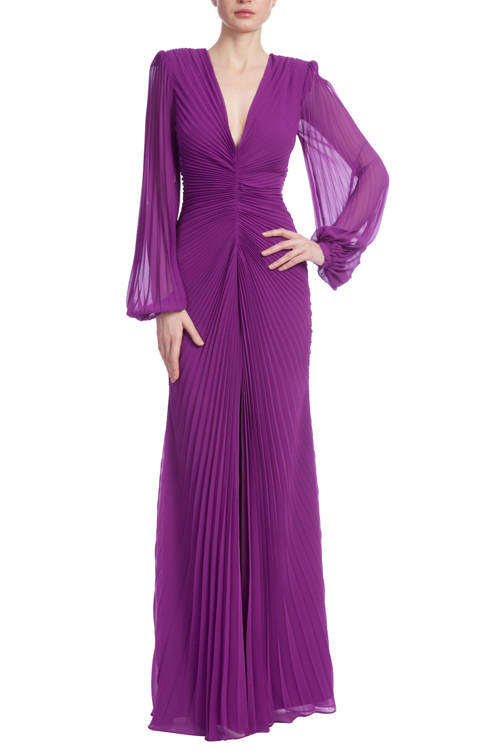Badgley Mischka V-Neck Long Sheer Sleeves Cinched Waist Back Zip ...