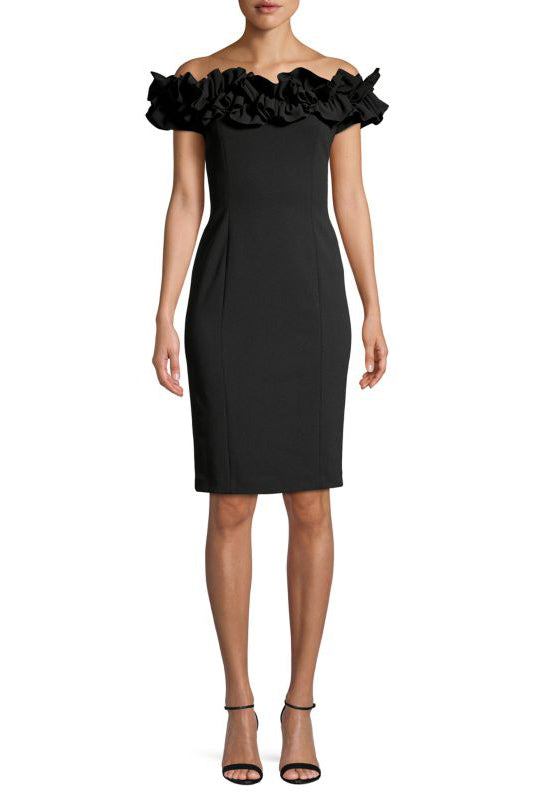 Aidan Mattox Crepe Floral Trim Neckline Stretch Floral Ruffle Off-the ...