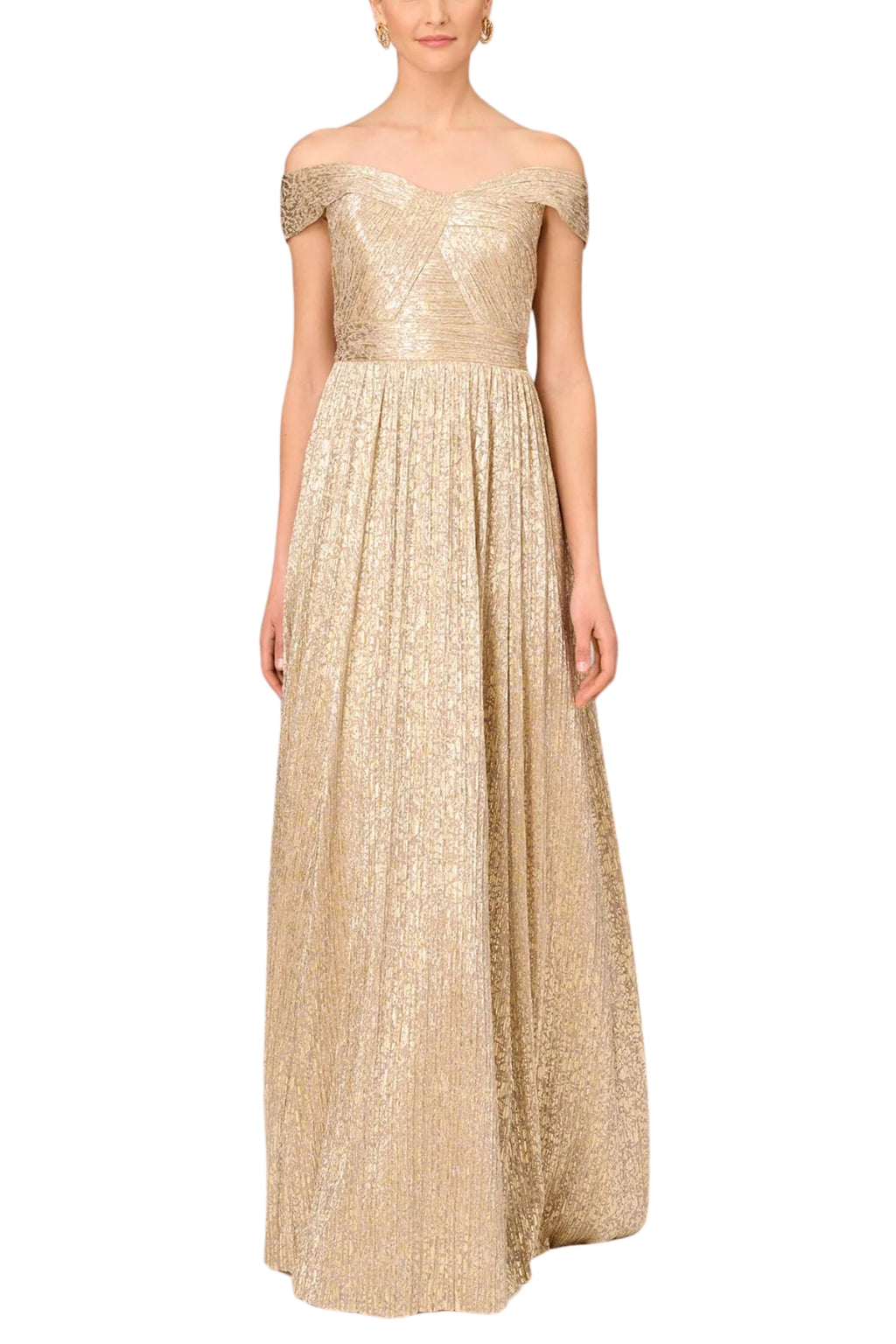 Aidan Mattox Off The Shoulder Foiled Metallic Pleated Mesh Long A-Line ...