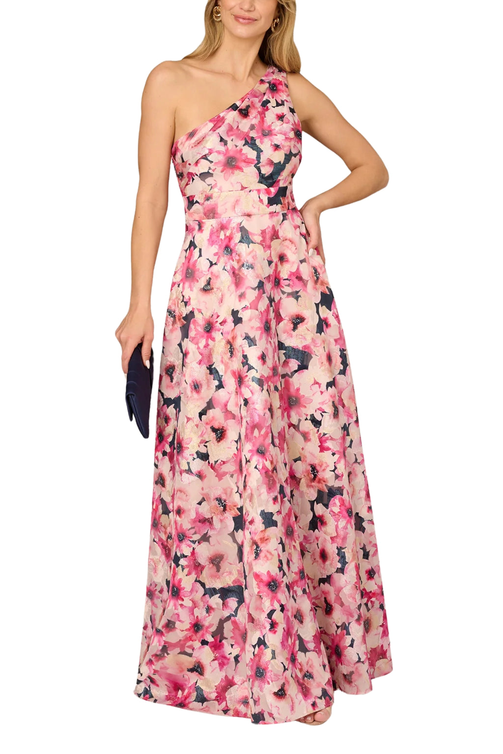 Aidan Mattox Floral Print Jacquard One-Shoulder Sleeveless with Pockets ...