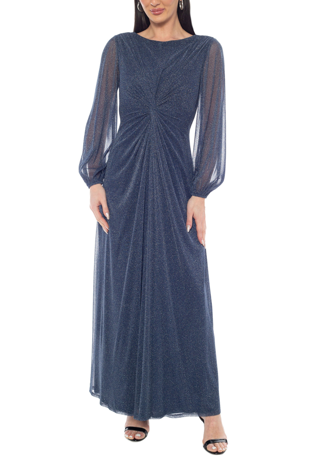 Oleg Cassini Deep Navy Soft Cowl Neckline V-Back Long Sheer Bishop Sle ...