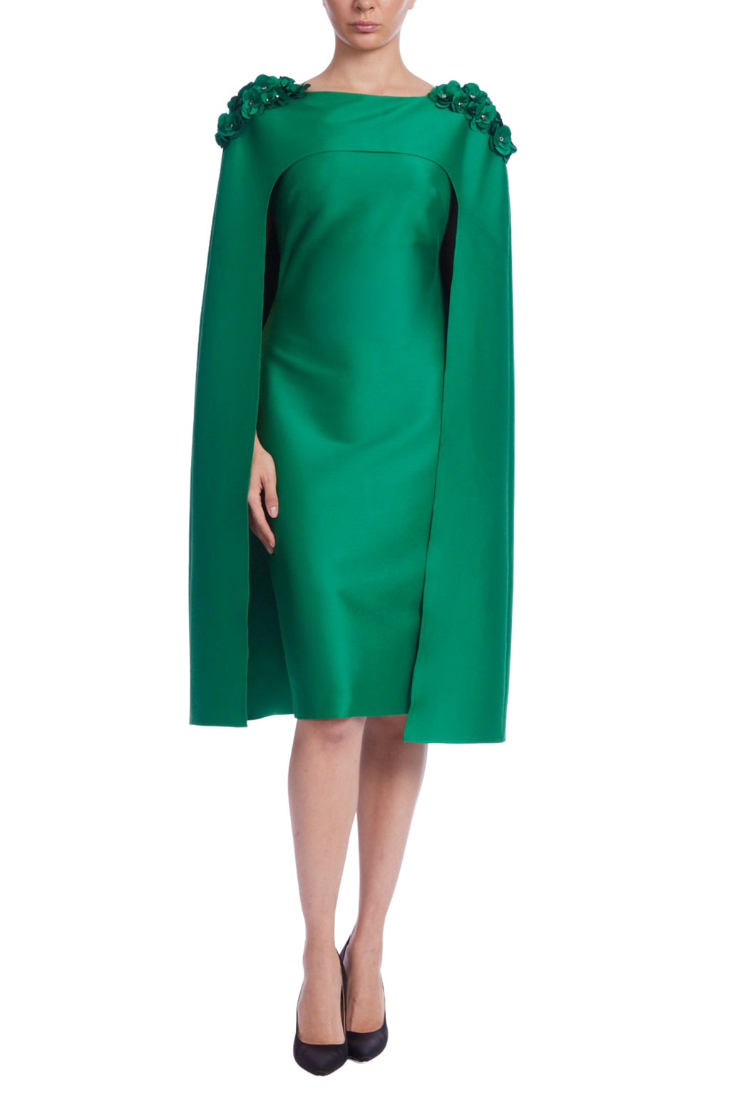 Badgley Mischka Bateau Neck Mikado Split Cape Sleeve Two Piece Midi ...