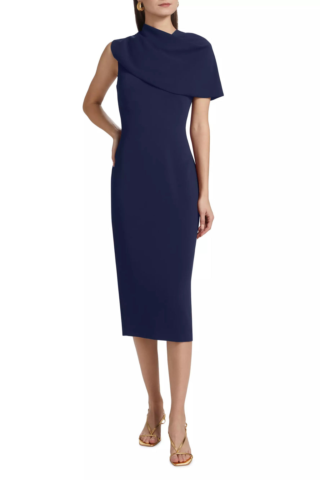 Badgley Mischka Asymmetric Neckline Cape Sleeve Back Zip Closure Midi ...