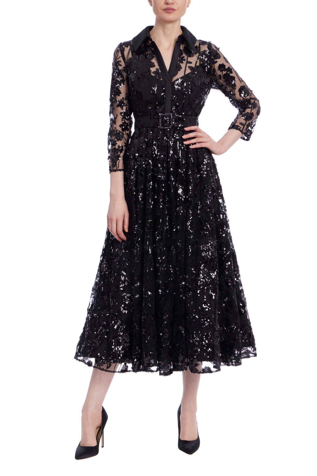Badgley Mischka Sharp Collar 3/4 Sleeves Belted Cinched Waist Below the ...