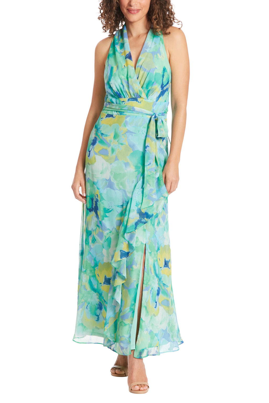London Times Floral Halter Neckline Sleeveless Back Zipper Closure Side ...