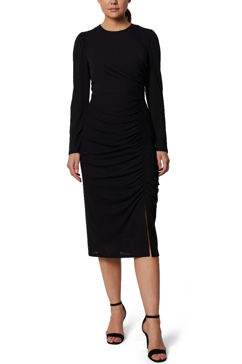 Laundry Crew Neck Long Sleeve Ruched Side Slit Side Zipper Back Doris ...